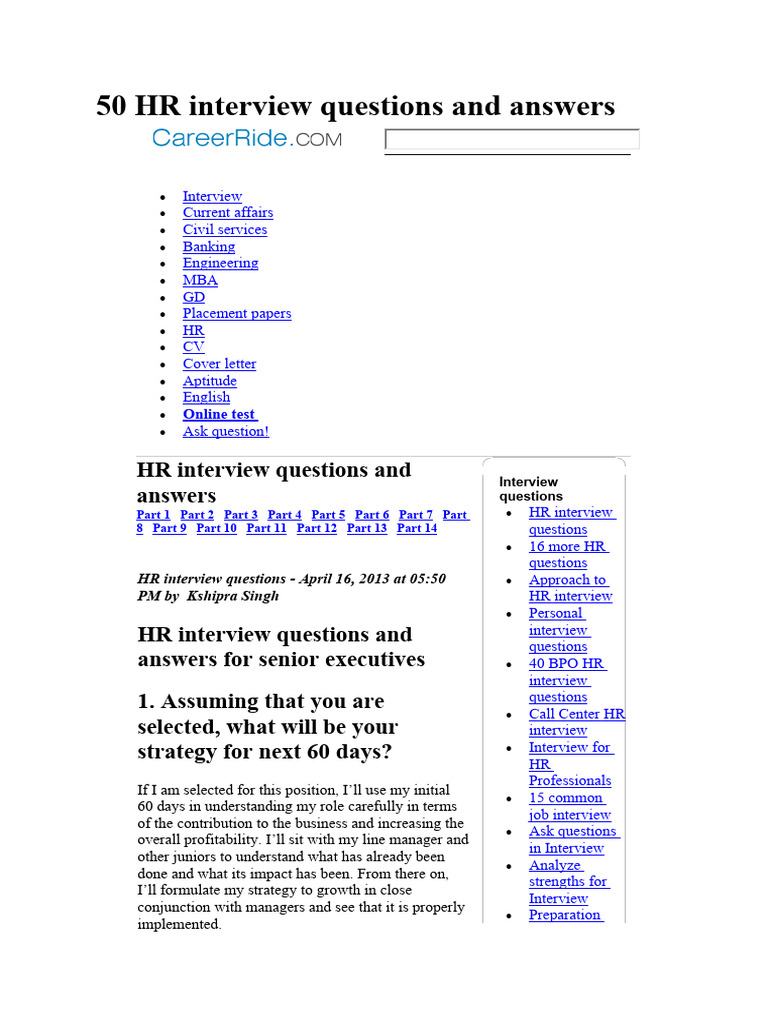 June 50 HR Interview Questions and Answers | PDF | Salary | Experience