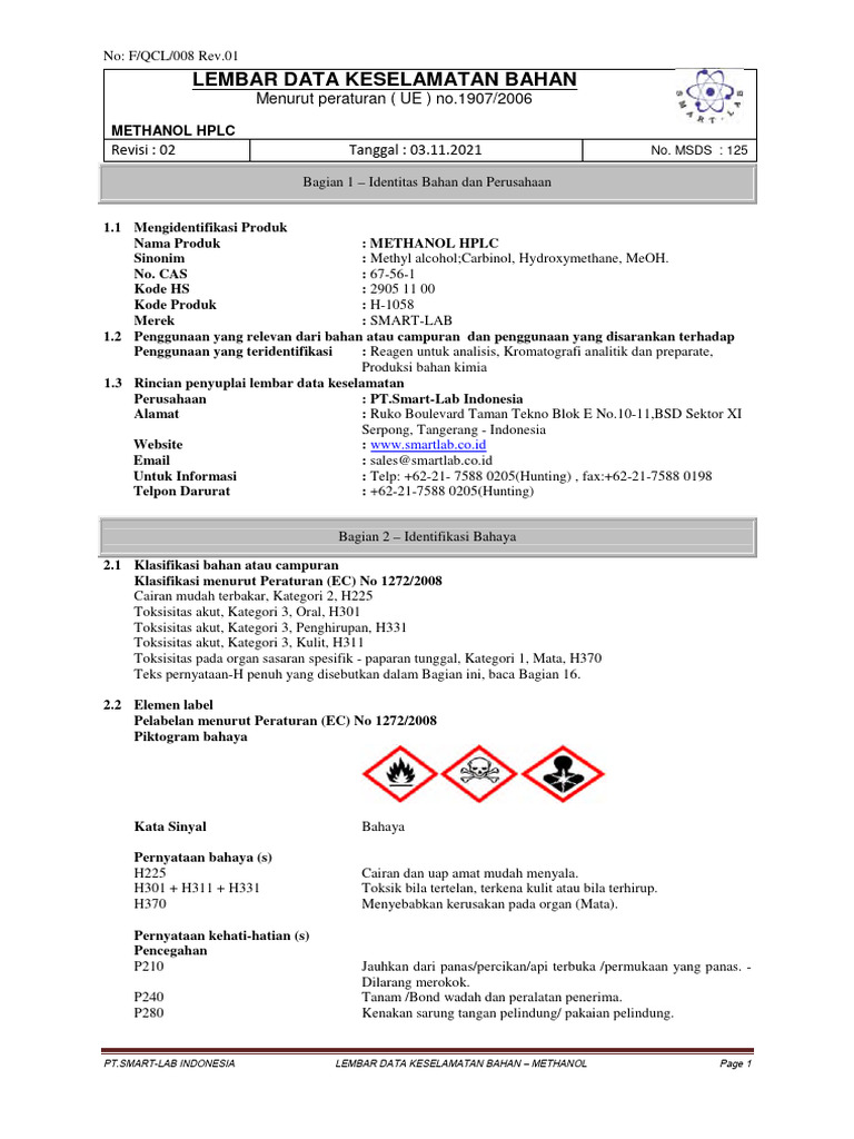 Msds Methanol - HPLC (Indo) | PDF