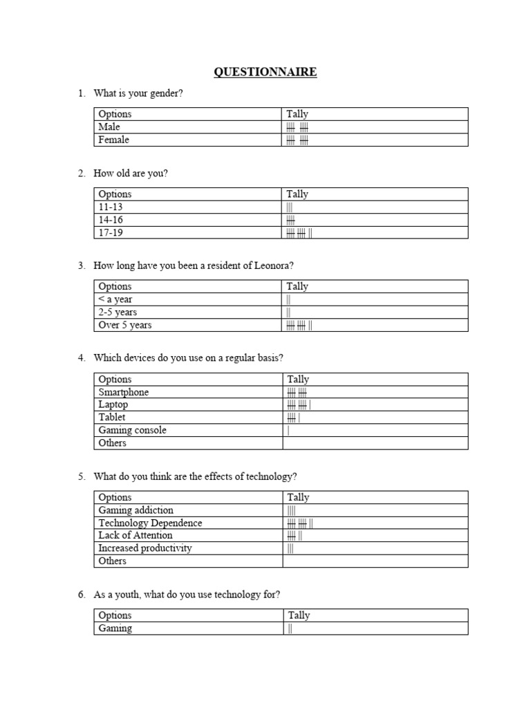 QUESTIONNAIRE (Tally) | PDF