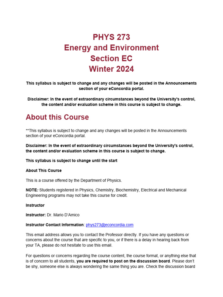 PHYS 273 - 2024 Course Outline and Agenda | PDF | Energy Development | Quiz