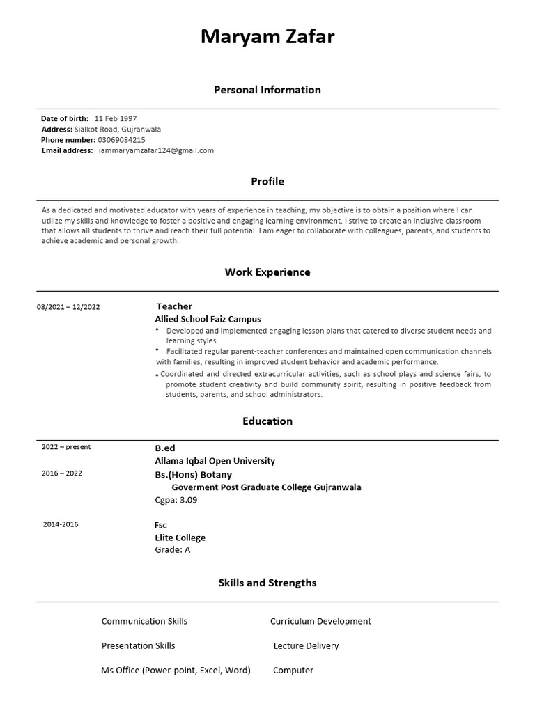 Maryam Zafar CV | PDF | Teachers | Teaching Maryam Zafar CV | PDF | Teachers | Teaching