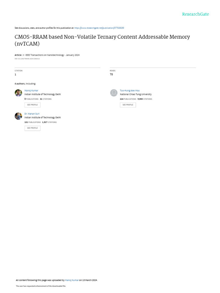 CMOS-RRAM Based Non-Volatile Ternary Content Addressable Memory nvTCAM | PDF | Computer Memory ...