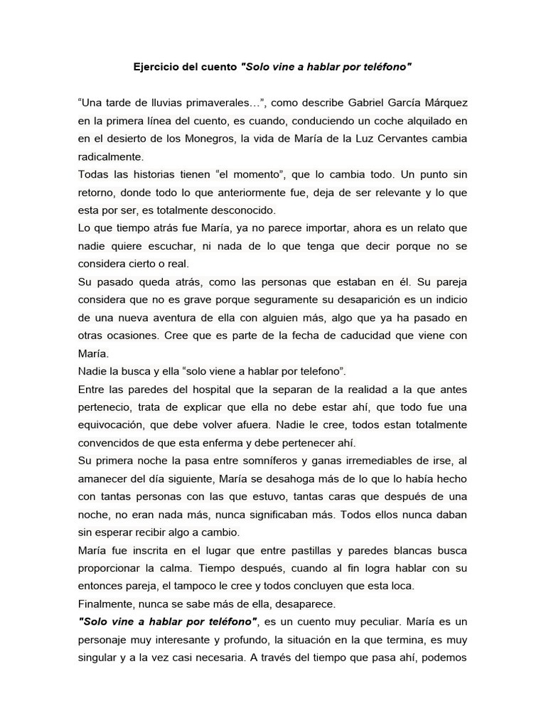 Ejercicio Del Cuento "Solo Vine A Hablar Por Teléfono" | PDF | Novela ...