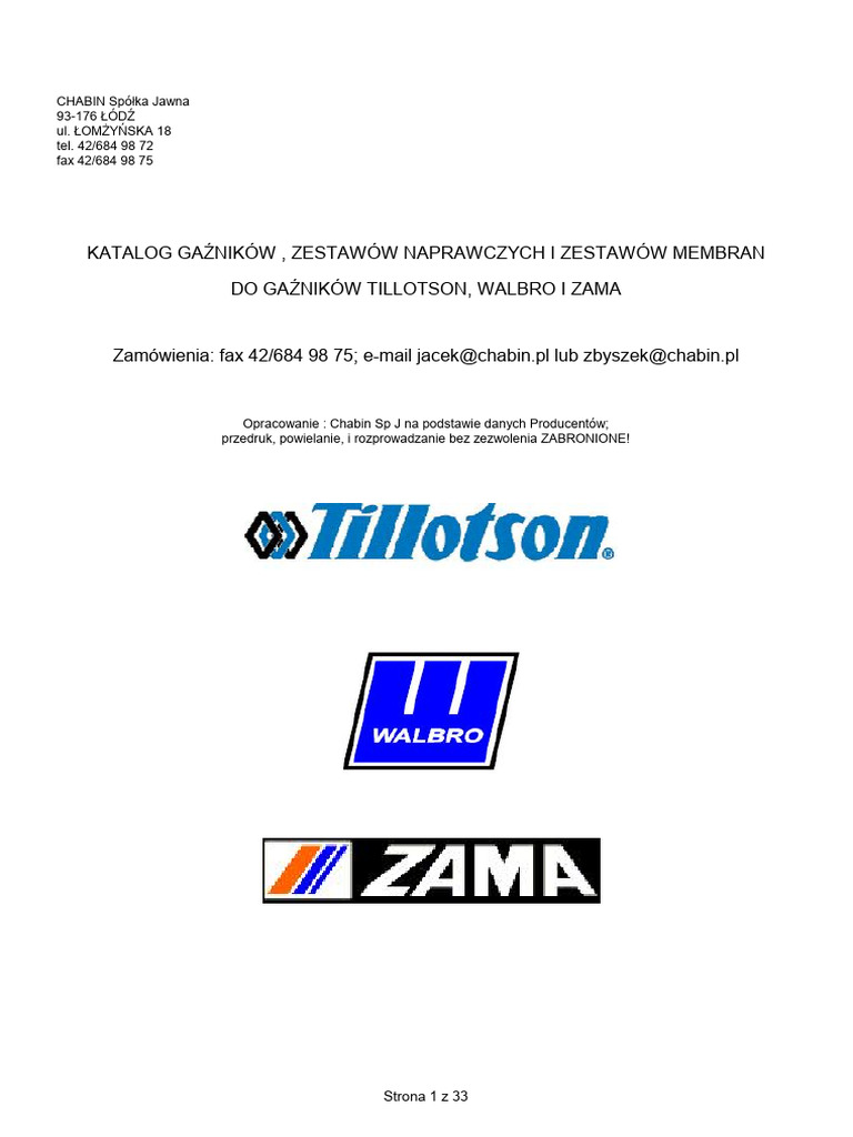 Katalog Walbro Zama Tillotson | PDF
