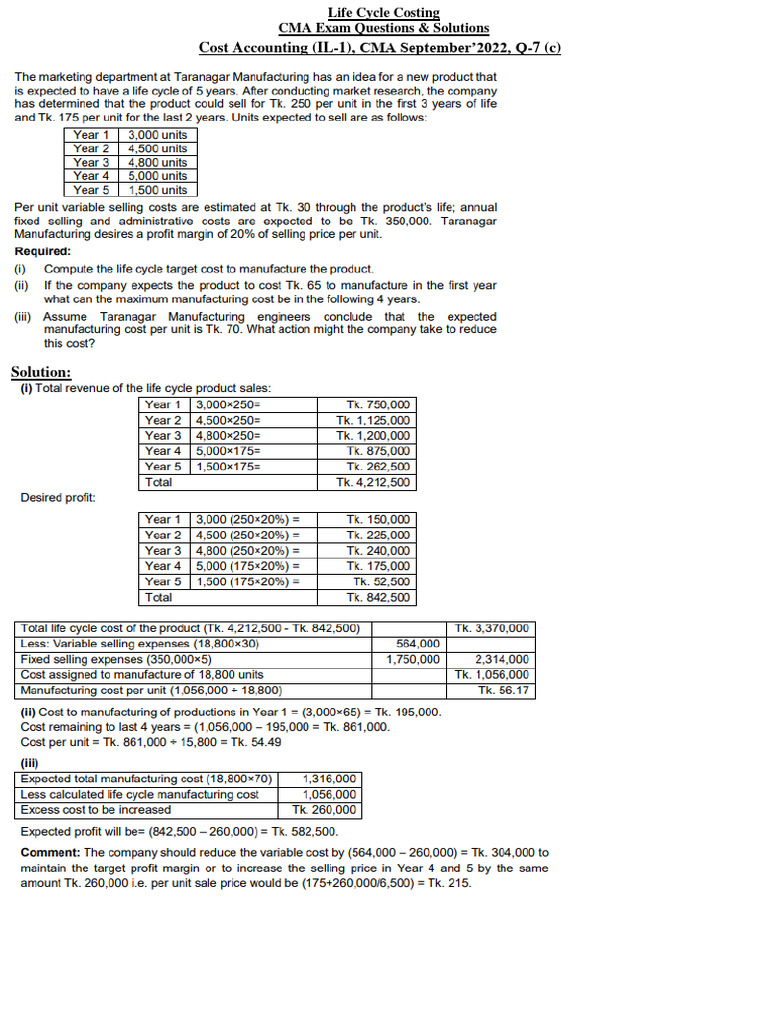 Life Cycle Costing CMA Exam Question Solution | PDF | Profit (Economics) | Pricing