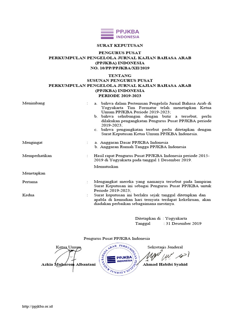 Surat Keputusan Pengurus Lengkap Ppjkba 2019 2023 | PDF