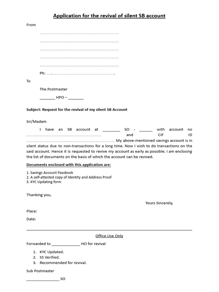 Silent SB Account Revival Application | PDF
