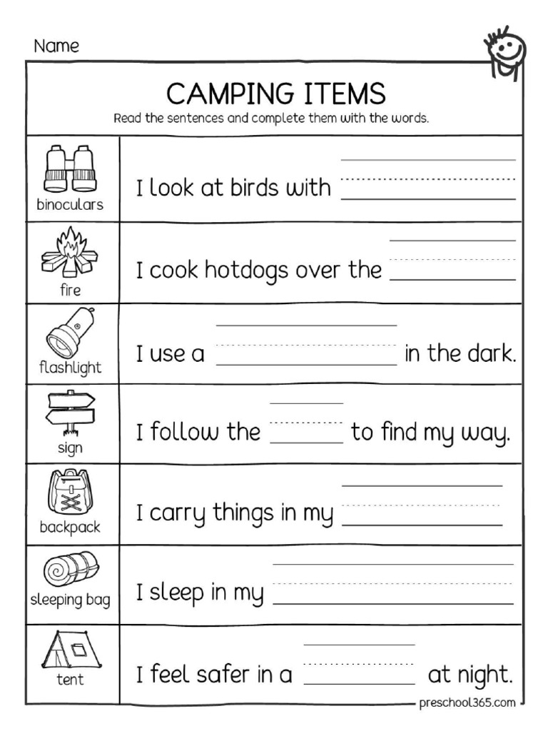 Kindergarten Camping Sentence Activity Sheets | PDF