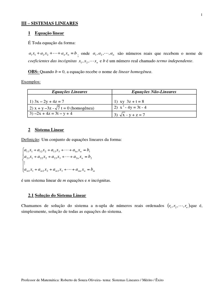 SISTEMAS LINEARES-aulas Semanais | PDF | Equações | Sistema de equações ...