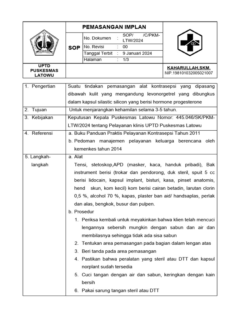 Sop Pemasangan Implan | PDF