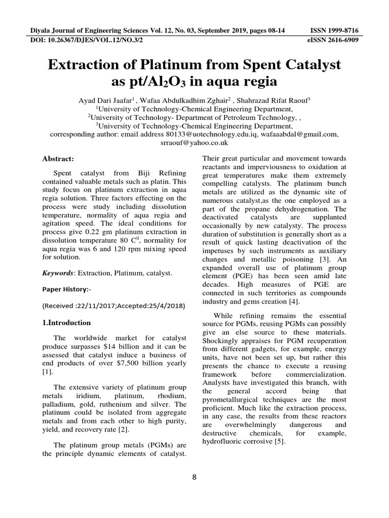 Extraction of Platinum From Spent | PDF | Platinum | Metals