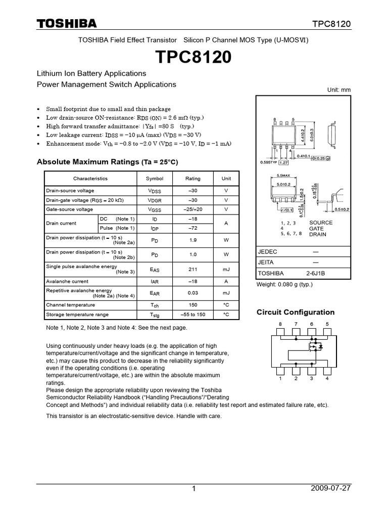 TPC8120 P-Channel MOSFET Overview | PDF | Reliability Engineering ...