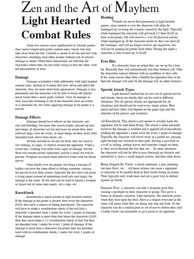 Zen & The Art of Mayhem Light Hearted Combat Rules | PDF | Wound