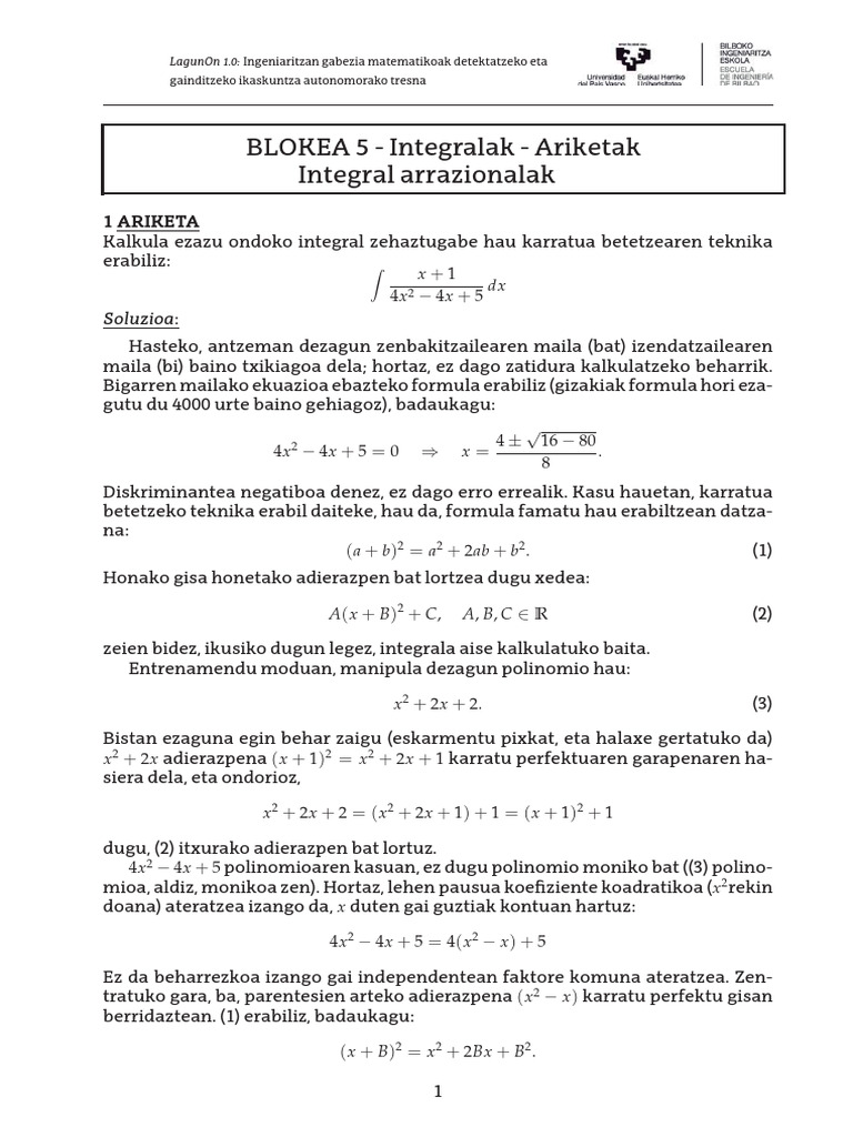 BLOKEA 5 - Integralak - Ariketak - Integral Arrazionalak | PDF