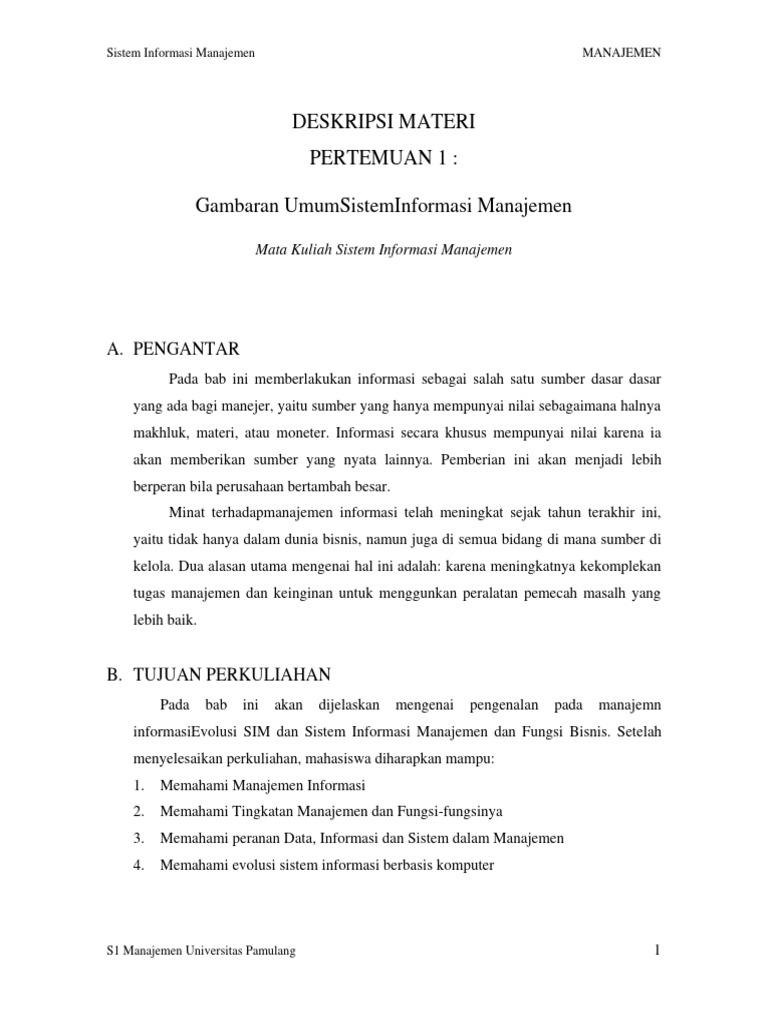 Materi Pertemuan Ke-1 Mata Kuliah SIM | PDF | Karier & Perkembangan