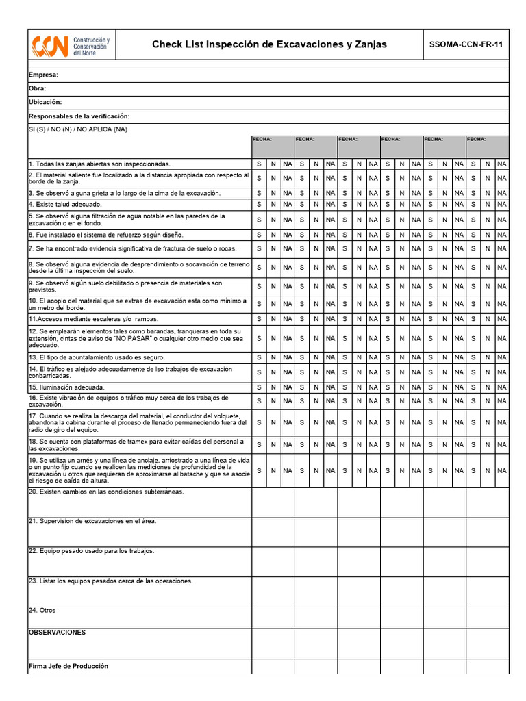SSOMA-CCN-FR-11 Check List Inspeccion Excavaciones y Zanjas | PDF