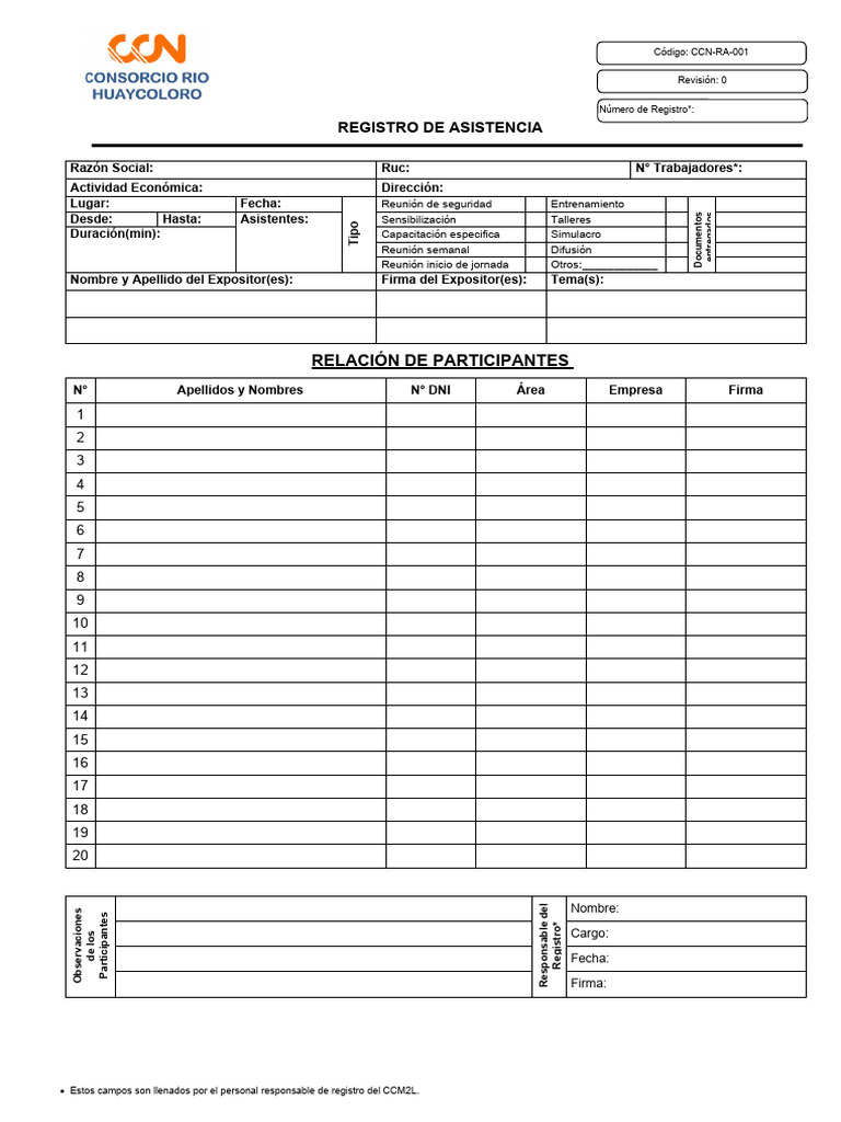 SSOMA-CCN-RA001 - Registro de Asistencia | PDF