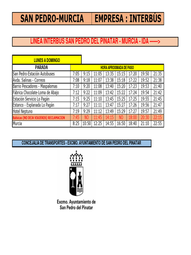 Horarios Interbus Murcia 2022 | PDF