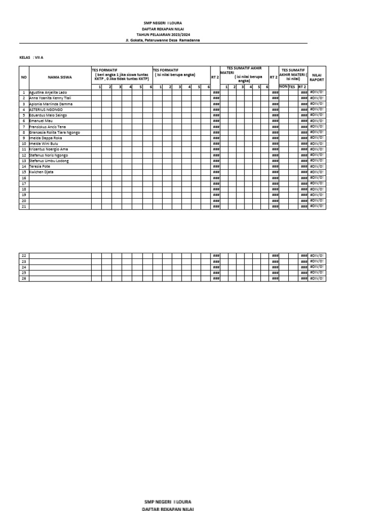 Format Nilai Kelas Vii A | PDF