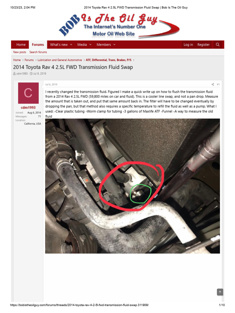 2014 Toyota Rav 4 2.5L FWD Transmission Fluid Swap - Bob Is The Oil Guy ...