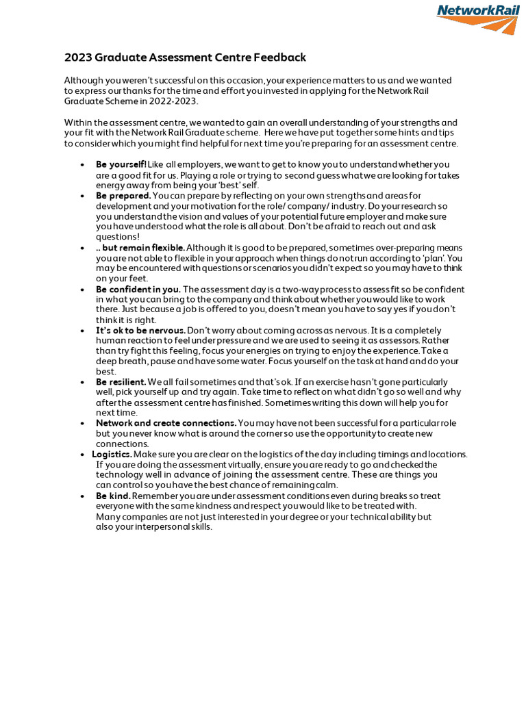Network Rail Graduate Assessment Feedback | PDF | Experience | Motivation
