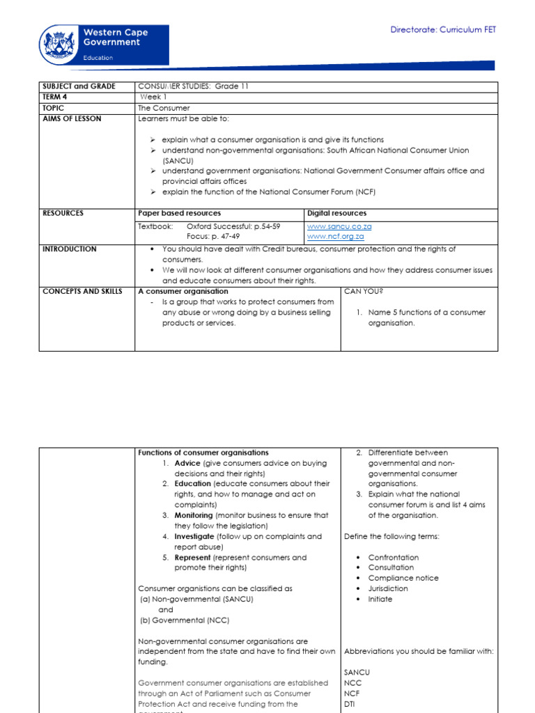 Grade 11 Consumer Studies Guide | PDF | Consumer Protection | Justice