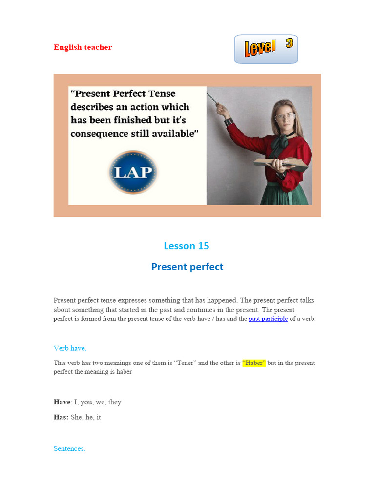 Lesson 15 - Present Perfect | PDF | Verb | Perfect (Grammar)