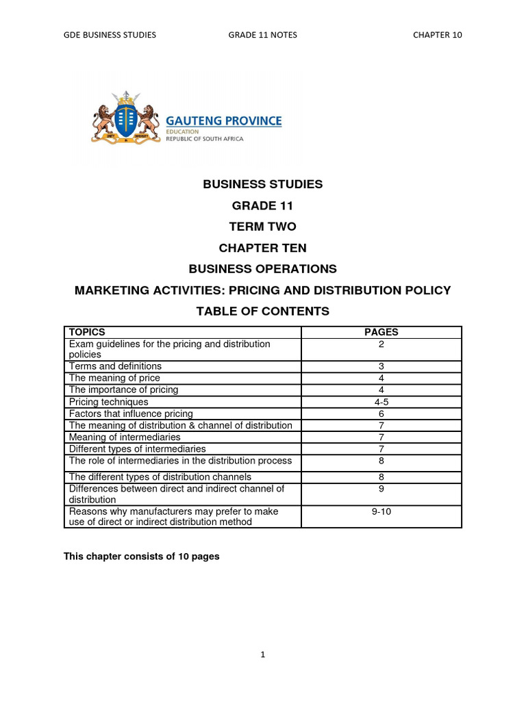 2020 Business Studies Grade 11 Notes Chapter Ten | PDF | Pricing | Retail