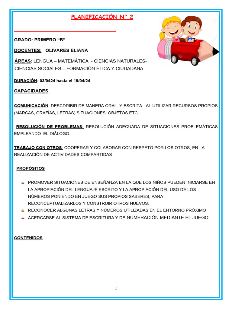 1 PLANIFICACIÓN AULICA . 1° B 2024 | Descargar gratis PDF | Escritura ...