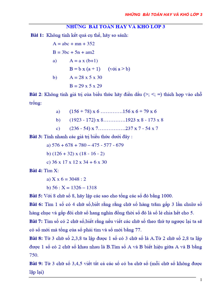 Nhung Bai Toan Nang Cao Lop 3 Hay Nhat | PDF