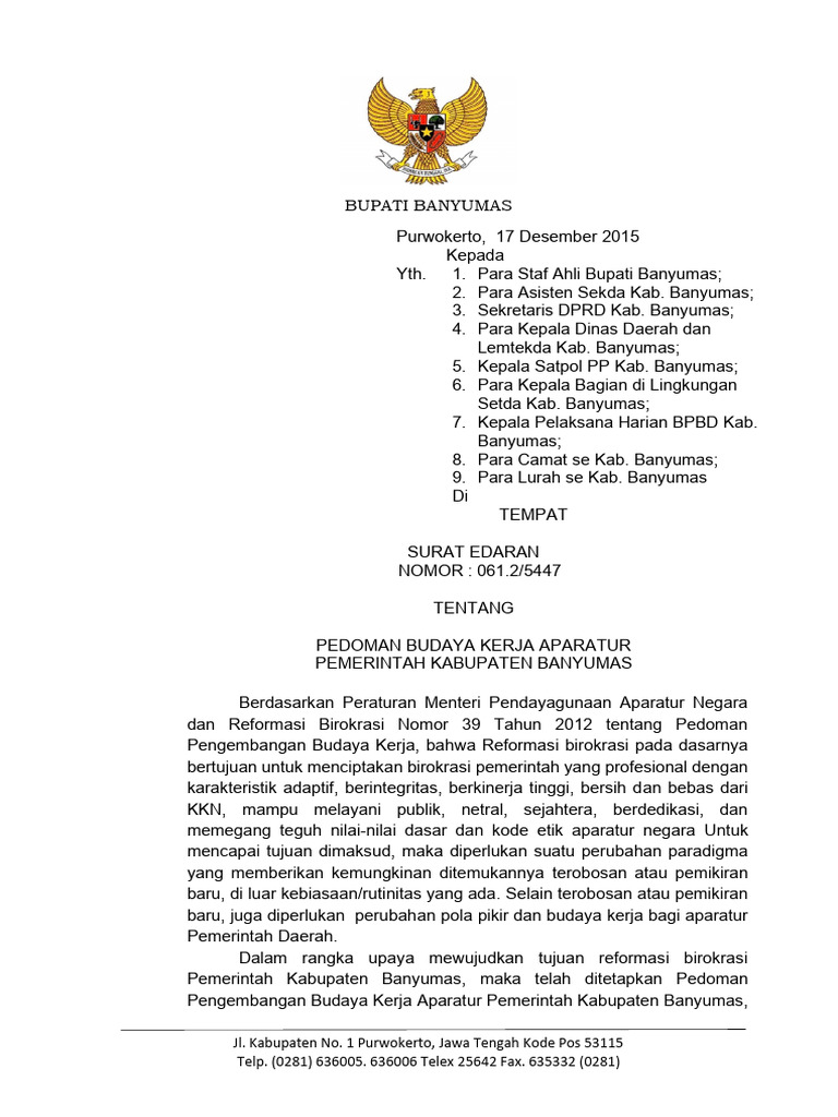 Surat Edaran Nomor 061.2 5447 Tentang Pedoman Budaya Kerja Aparatur ...