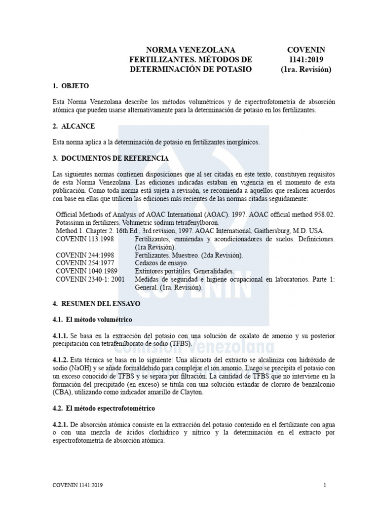Potasio en Fertiliz - COVENIN 1141-2019 | PDF | Valoración | Química