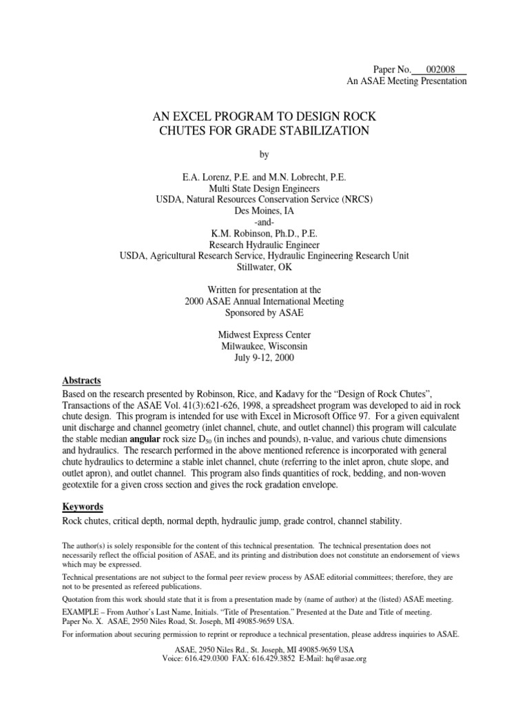 An Excel Program To Design Rock Chutes For Grade Stabilization 2000 ...