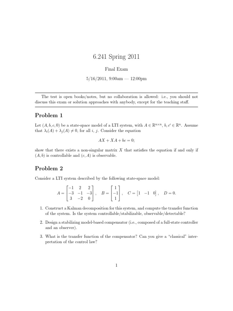 MIT6 241JS11 Final | PDF | Control Theory | Applied Mathematics