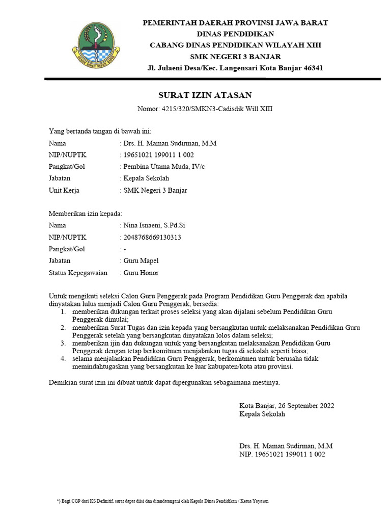 Contoh Surat Izin Atasan Untuk CGP | PDF