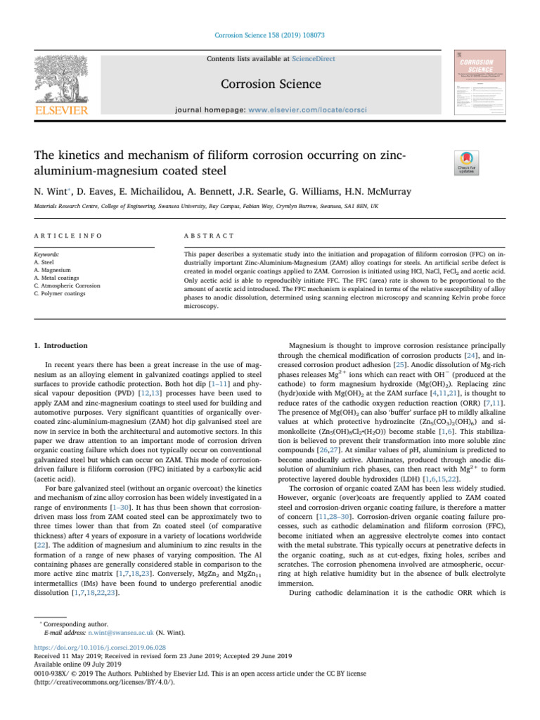 The Kinetics and Mechanism of Filiform Corrosion o | PDF | Corrosion | Magnesium