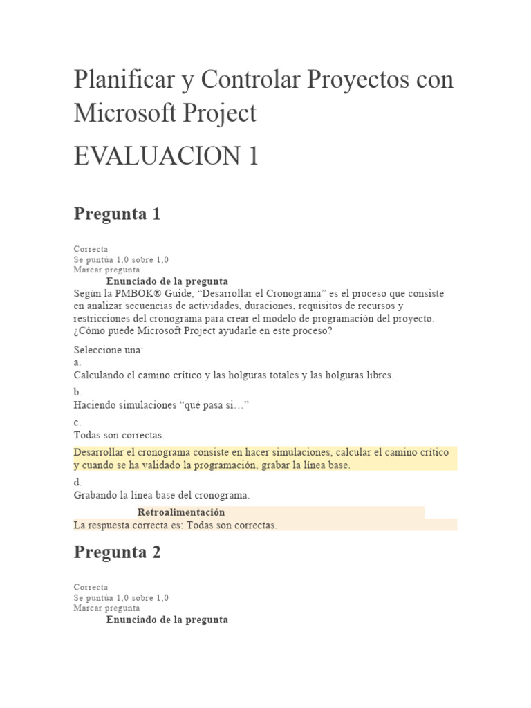 EVALUACION 1 Planificar y Controlar Proyectos con Microsoft Project | PDF | Gestión de proyectos ...
