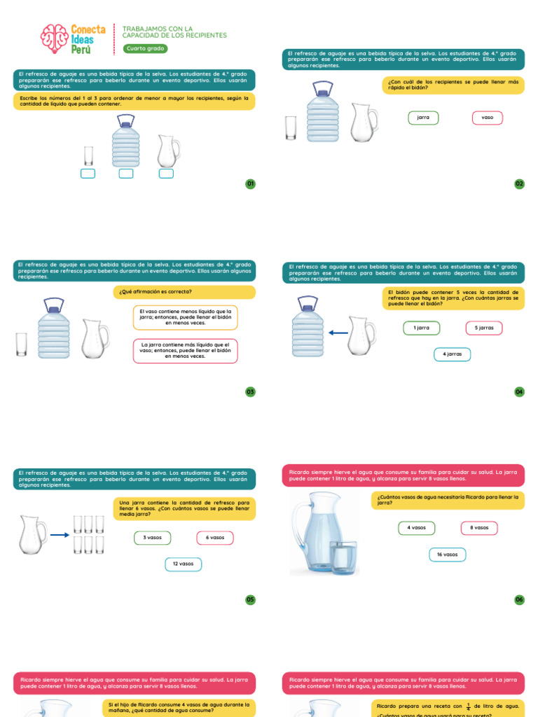 Capacidad de Recipientes en Educación 4° Grado | PDF | Refresco | Bebida