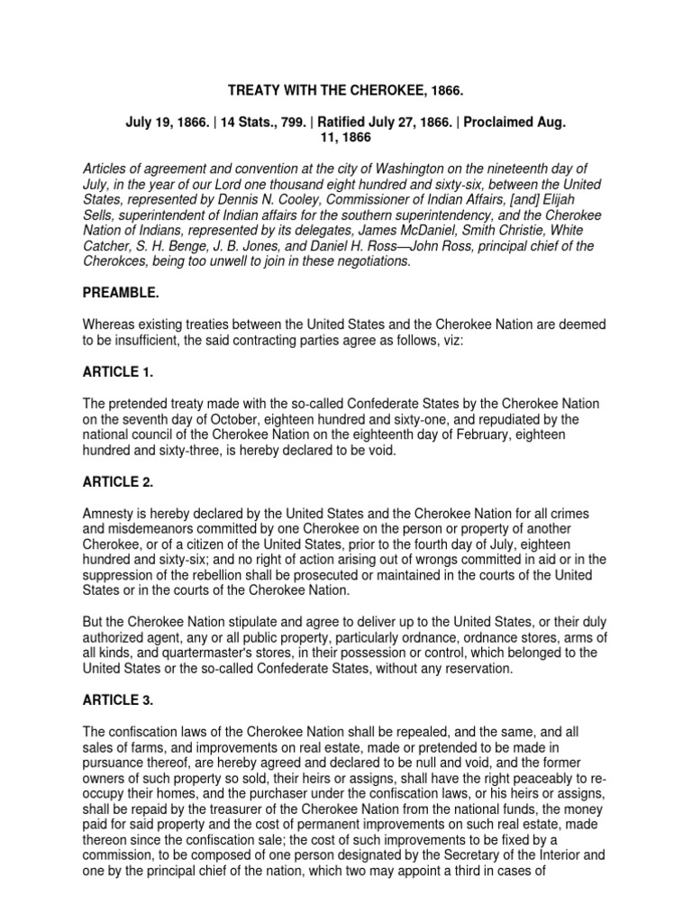 Cherokee Treaty of 1866 Overview | PDF | Cherokee | Native Americans In ...