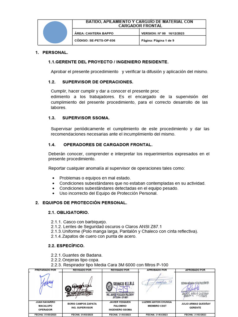 SE-PETS-OP-036-Batido, Apilamiento y Carguio Con Cargador Frontal | PDF