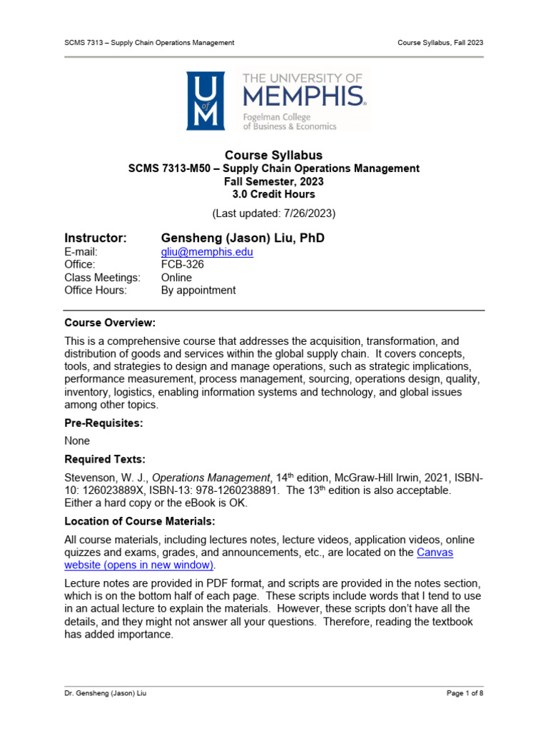 Fall2023 SCMS7313.M50.F23-Syllabus | PDF | Academic Dishonesty | Supply Chain