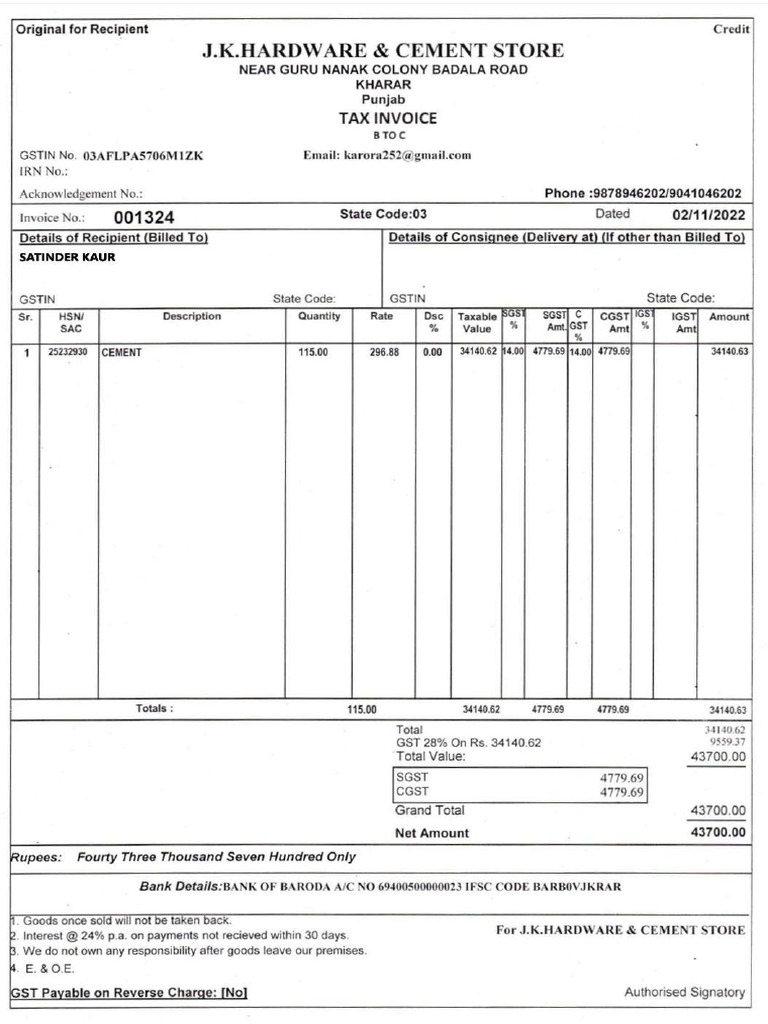 Sample Bill in India | PDF