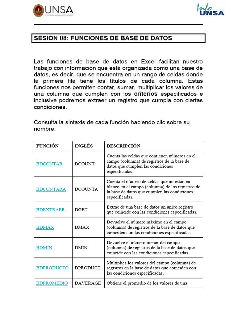 Sesion 08 Funciones de Bases de Datos | PDF