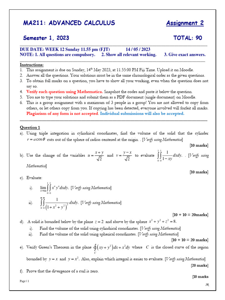 Ma211 Advanced Calculus Assignment 2 Semester 1 2023 Total 90 Marks