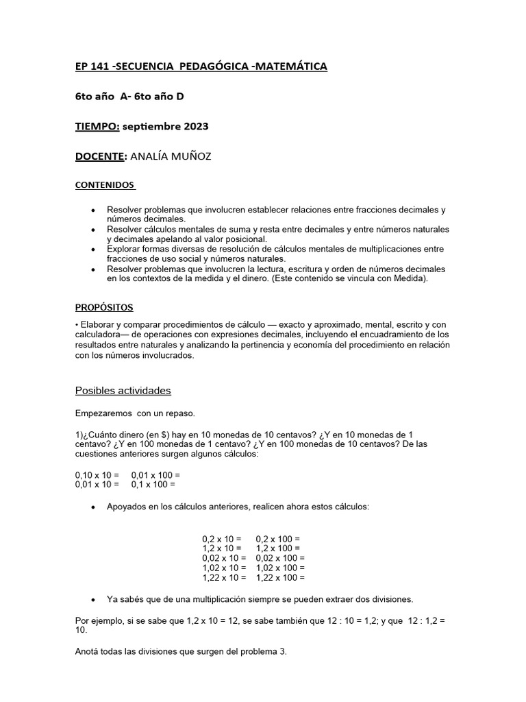 Secuencia Decimales - Sep 23 | PDF | Decimal | Matemática Elemental