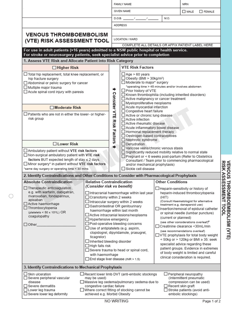 Venous Thromboembolism VTE Risk Assessment Tool by Sara | PDF | Thrombosis | Surgery