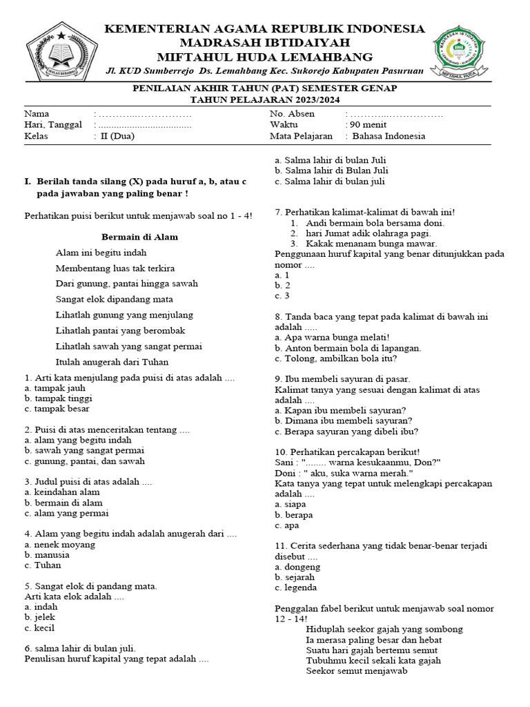 Soal PAT Bahasa Indonesia Kelas 2 - 1 | PDF | Seni & Disiplin Bahasa