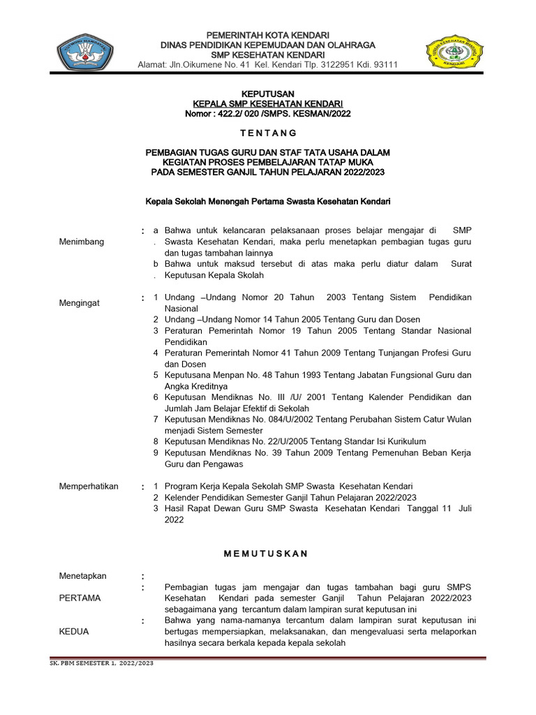 SK Pemb. Tugas 1 2022-2023 Kesman | PDF