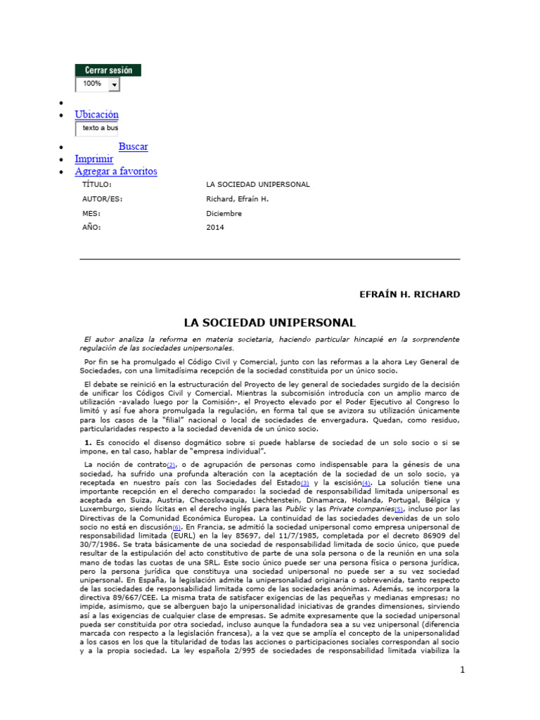 La Sociedad Unipersonal - Richard | PDF | Sociedad de responsabilidad limitada | Sociedad