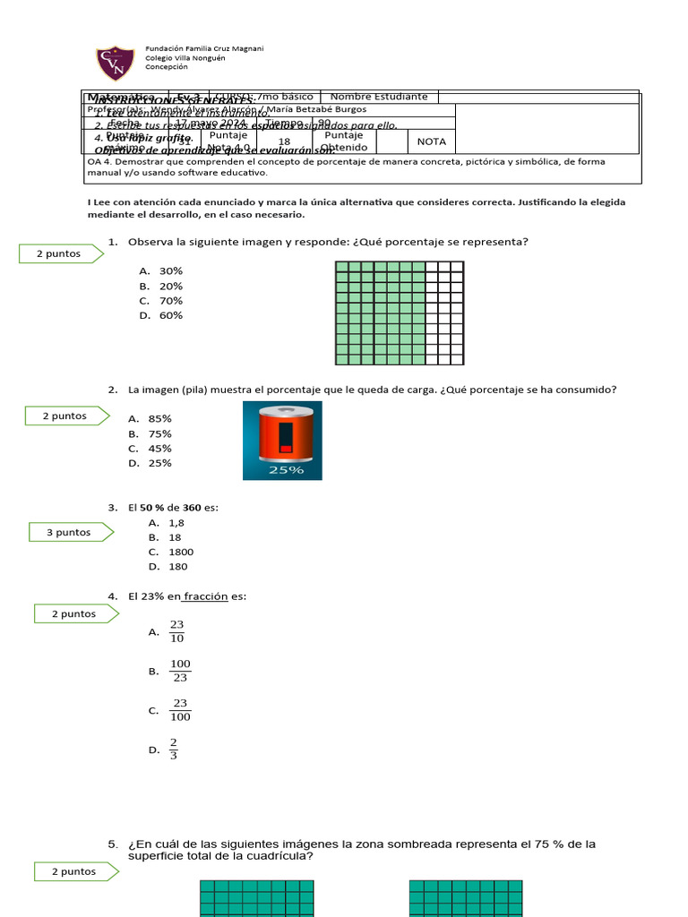Prueba de 7mo Básico Porcentaje | PDF | Porcentaje